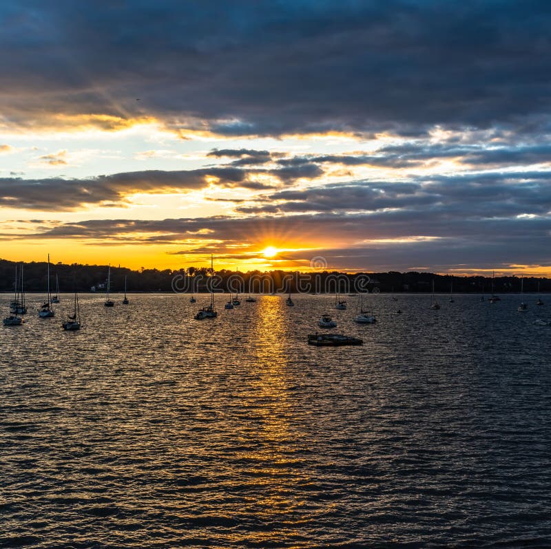 Mesmerizing Sunset Over the Hempstead Harbor with Ships Editorial Stock ...