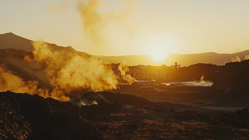 A Mesmerizing Sunset Over a Volcanic Landscape with Steam Rising from ...