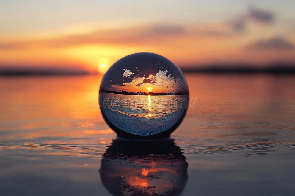 Mesmerizing Sunset Reflection in a Sphere Over Calm Water Horizons ...