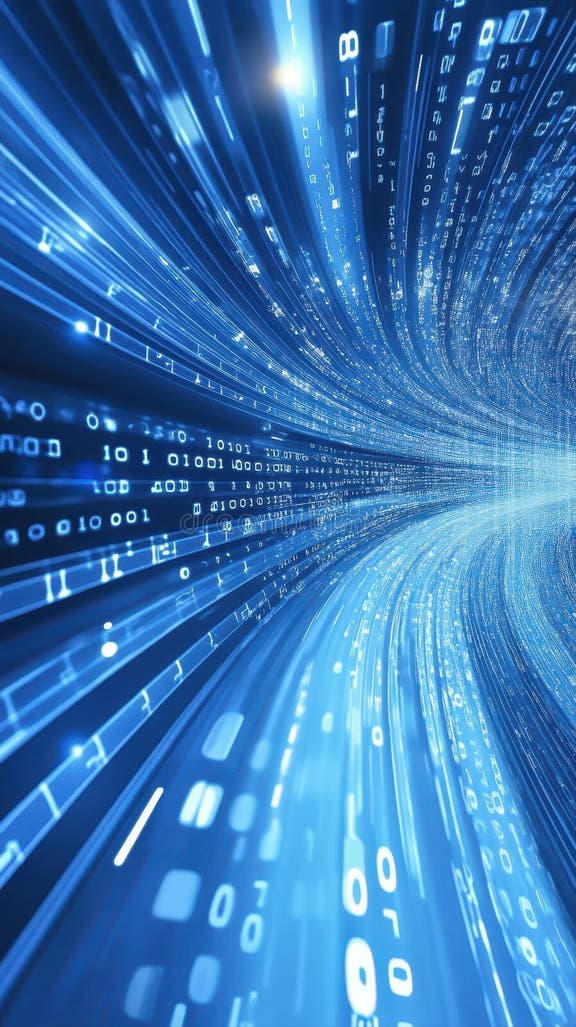 A Mesmerizing Tunnel of Glowing Blue Binary Code Streams Forward, Creating an Abstract Depiction ...
