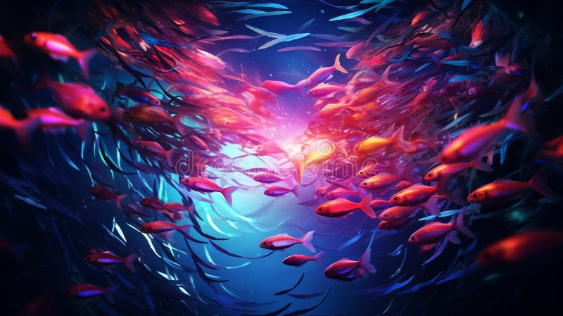 A Mesmerizing Underwater Scene with a Swirl of Neon-colored Fish Stock ...