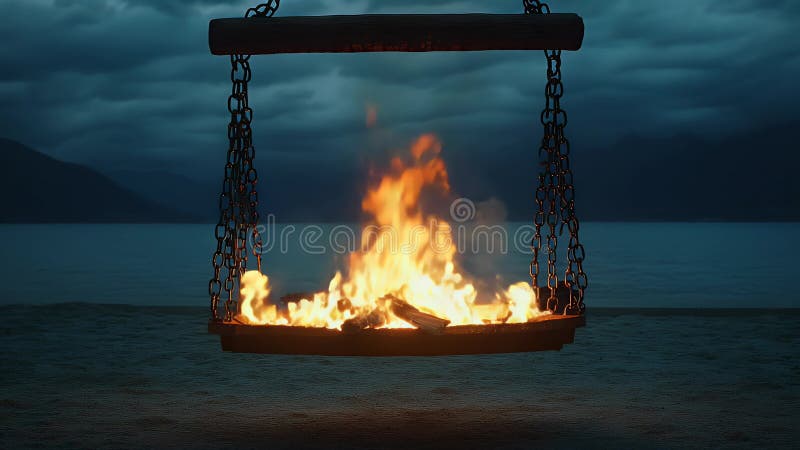 Romantic Beach Bonfire in Hanging Fire Pit at Night Stock Footage ...