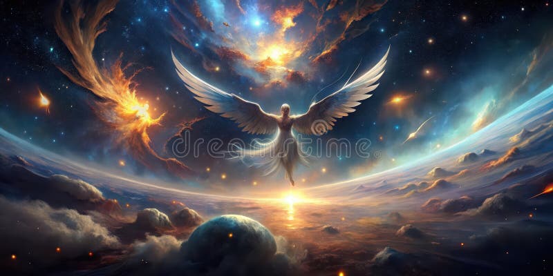 Celestial Being with Large Wings Soaring Above a Planetary Body and ...