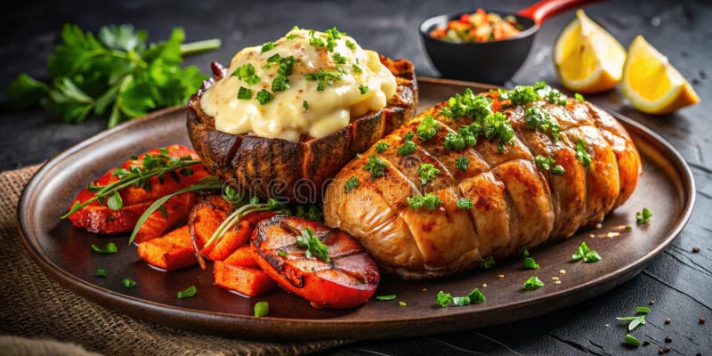 Gourmet Dinner Plate Featuring Roasted Chicken Breast, Mashed Potato ...