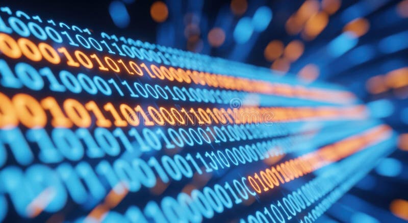 Abstract Digital Stream of Glowing Binary Code Data Flowing into a Futuristic Technological ...