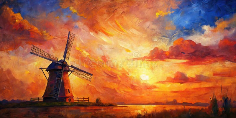 Serene Sunset Landscape Featuring a Rustic Windmill by a Calm Body of ...
