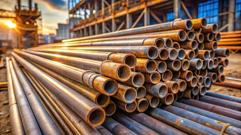 A Stack of Rusty Metal Pipes at an Industrial Site during Sunset ...