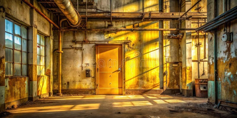 Sunlit Derelict Industrial Interior with Yellow Door and Rusty Pipes ...
