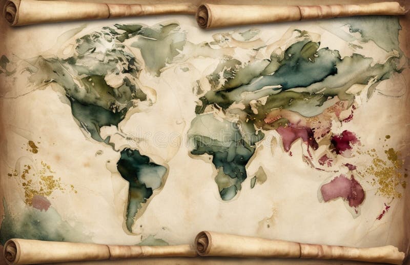 Green Whimsical Wanderlust Worldmap on Vintage Parchment with Scrolls ...