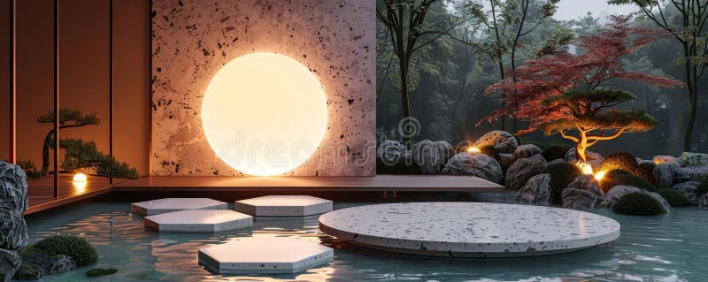 Serene Zen Garden with Glowing Circle and Tranquil Reflections at Dusk ...