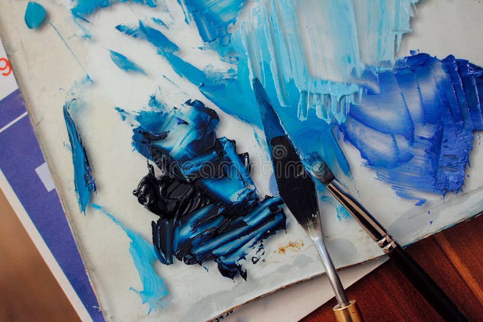 Mess of blue paints stock image. Image of paints, brush - 65043863