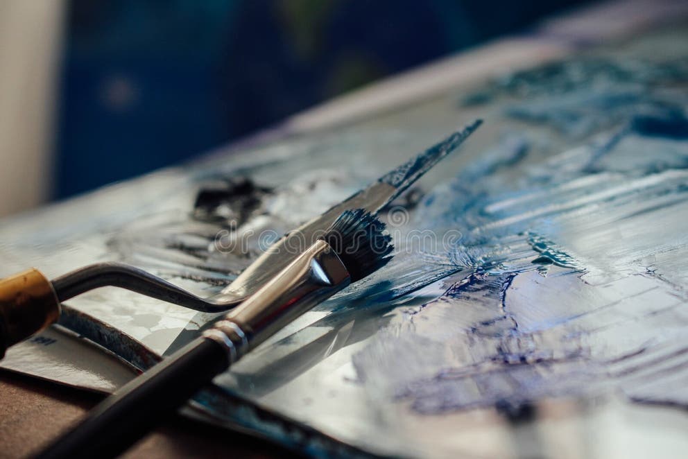 Mess of blue paints stock photo. Image of wooden, palette - 65043932