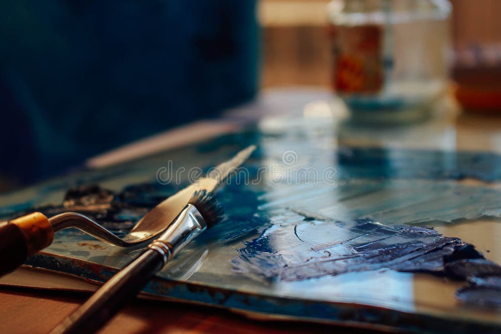 Mess of blue paints stock photo. Image of wooden, glass - 65043942