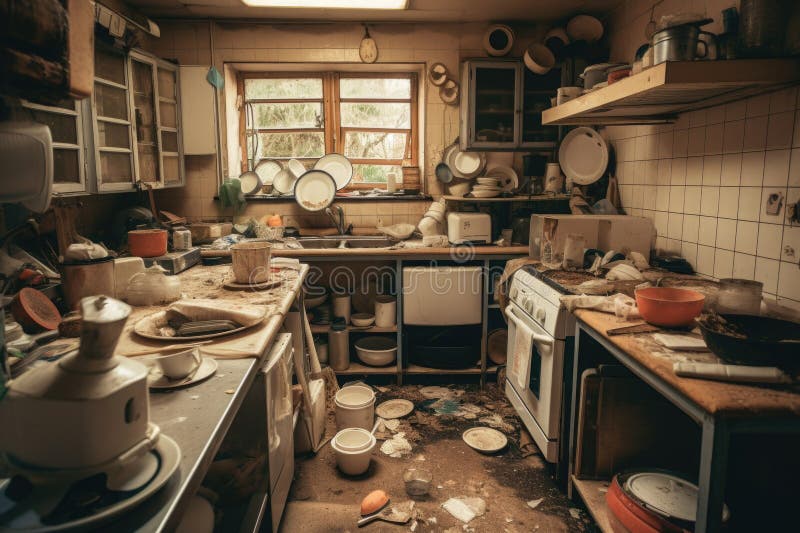 Very Messy Kitchen Interior. Unwashed Dishes. Generative AI Stock ...