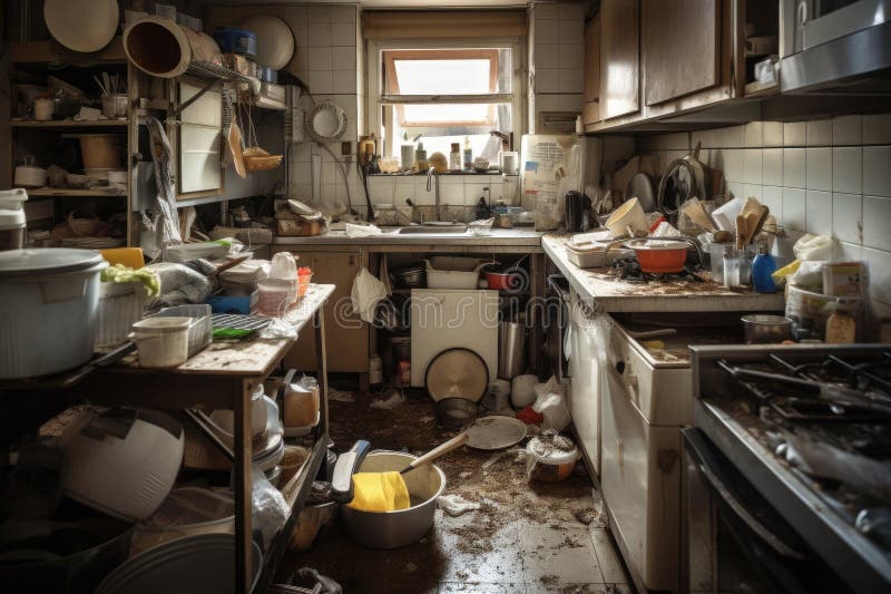 Very Messy Kitchen Interior. Unwashed Dishes. Generative AI Stock ...