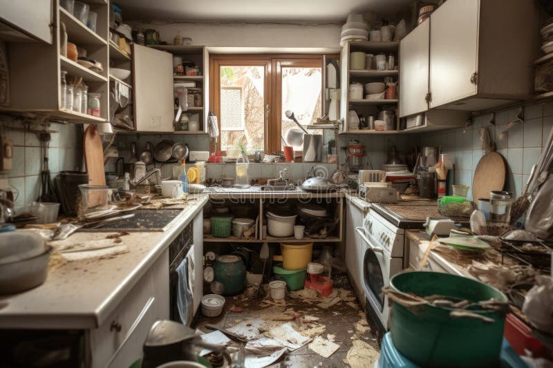 Very Messy Kitchen Interior. Unwashed Dishes. Generative AI Stock ...