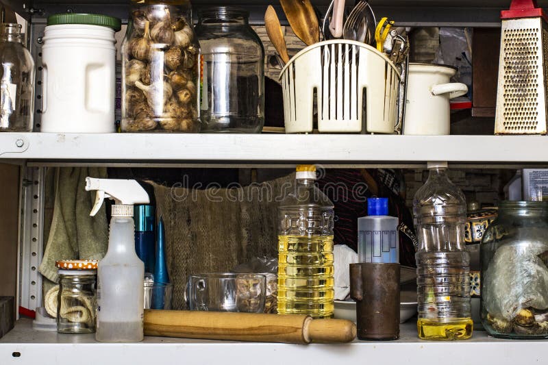 Mess in the Kitchen on the Shelf for Kitchen Utensils Stock Image ...