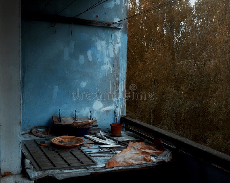 Mess on the old balcony stock image. Image of small - 133907569