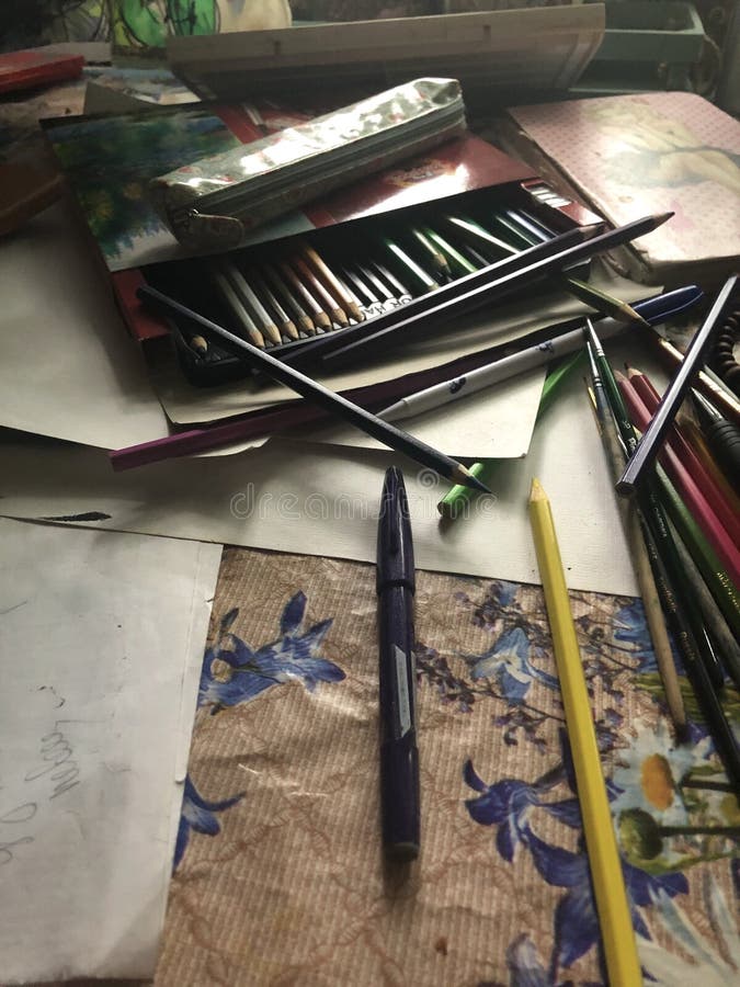 Mess with Pencils on the Table Stock Photo - Image of studio, mess ...