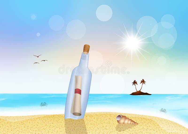 Message in a Bottle on the Beach Stock Illustration - Illustration of ...