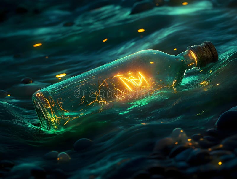 A Message in a Bottle Floating on Dark Water at Night, with Glowing ...