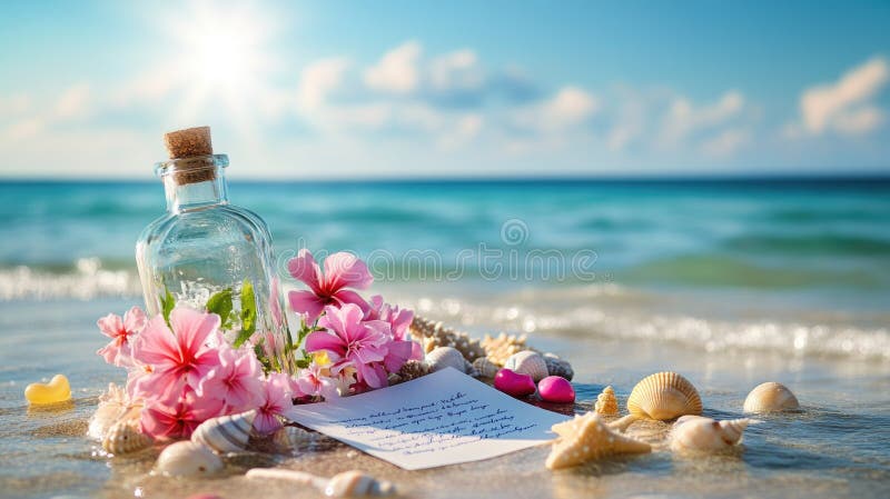Message in a Bottle with Pink Flowers and Seashells on Sunny Beach ...