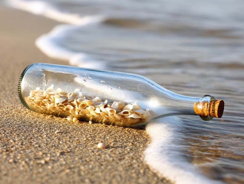 Message in a Bottle Resting on Sandy Shore with Tiny Shells and Gentle ...