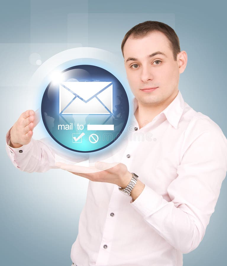 Message Button on the Palms of His Hands Stock Photo - Image of looking ...