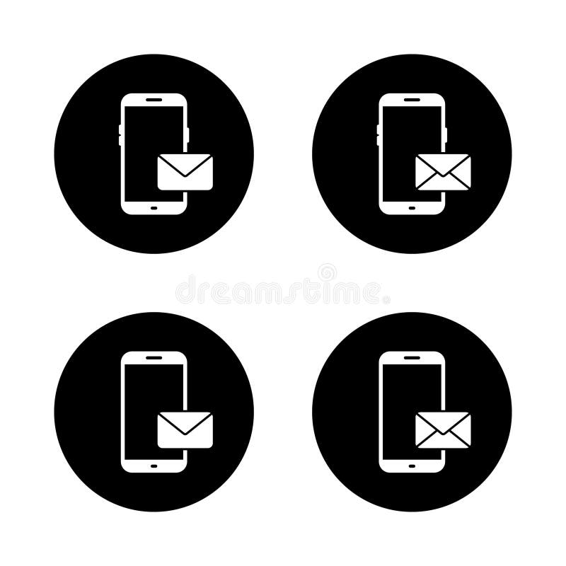 Message Phone Icon Set on Black Circle. Email on Cellphone Screen Sign ...