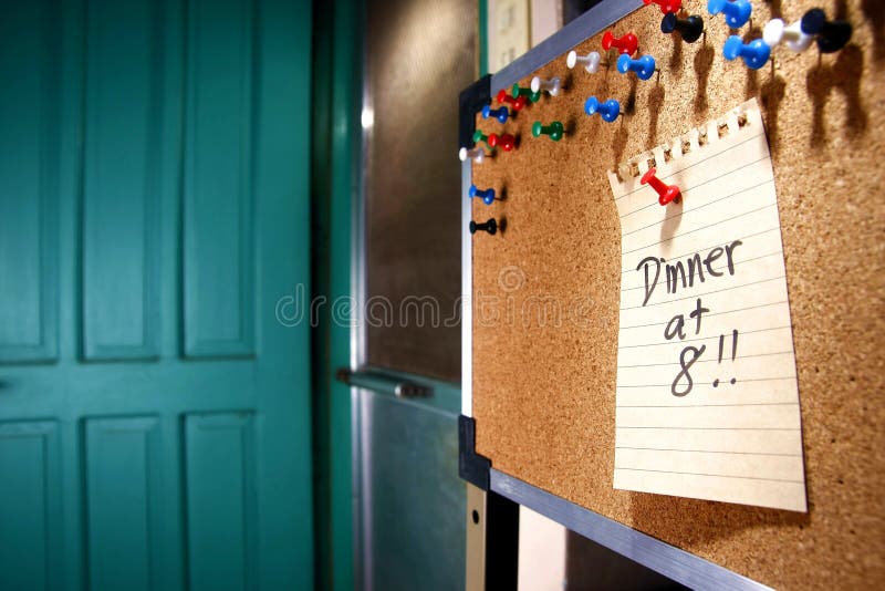 Message or Reminder Board with Dinner at 8 Note Stock Image - Image of ...
