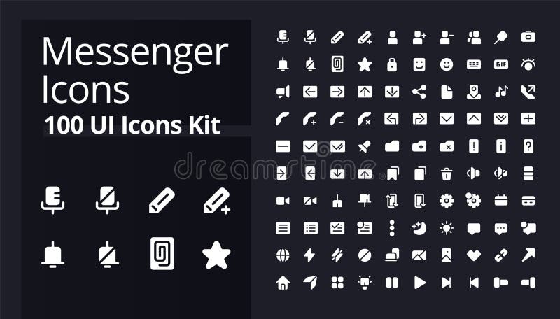 Messenger Application White Glyph Ui Icons Kit for Dark Mode Stock ...