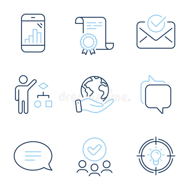 Messenger, Approved Mail and Algorithm Icons Set. Chat, Graph Phone and ...
