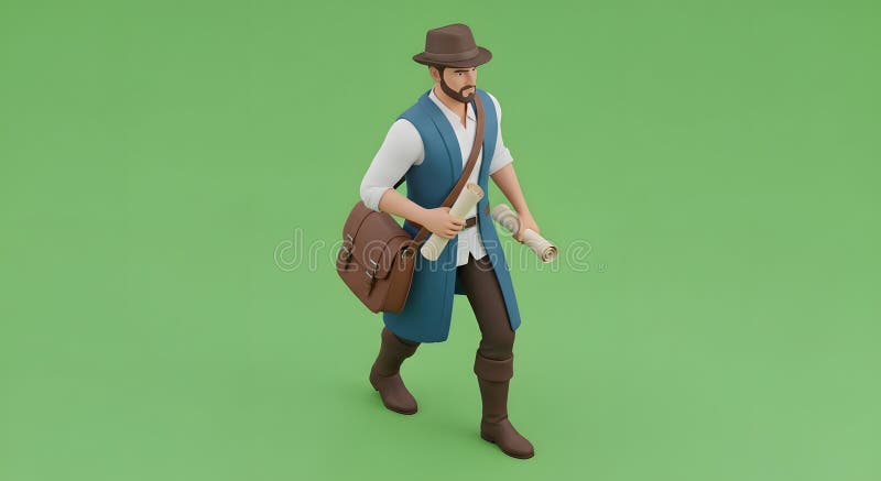 Medieval Messenger with Map and Bag Walking with Purpose on Green ...