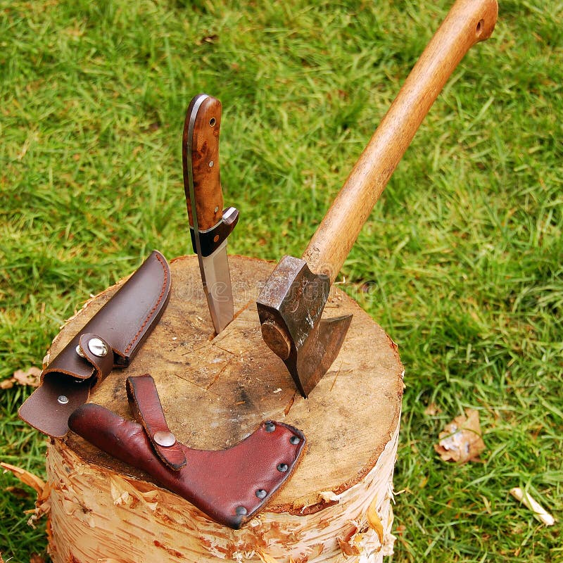 Messer Und Axt Auf Einem Baumstamm Stockbild - Bild von messer, gras ...