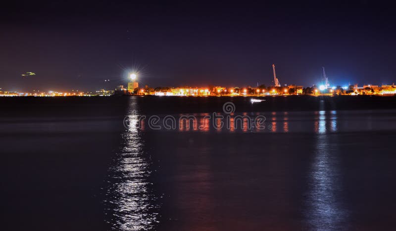 Messina Harbor and Lighthouse at Night Stock Image - Image of ...