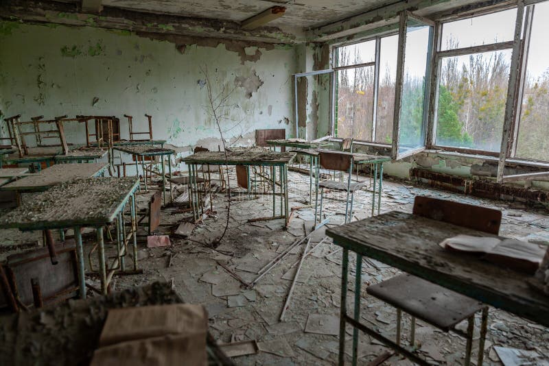 Messy and Abandoned Classroom in Ghost Town Stock Image - Image of ...