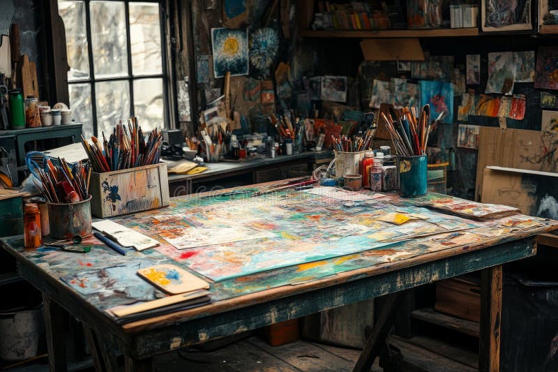 Messy Art Studio Showing Paint, Brushes and Artwork on a Painter S ...