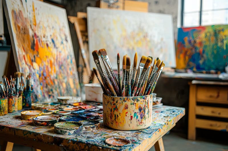 A Messy Art Studio with a Table Full of Paint and Brushes Stock Image ...