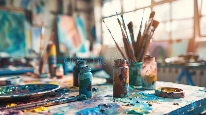 Messy Art Studio Table with Paintbrushes, Paint Jars, and Canvases in ...