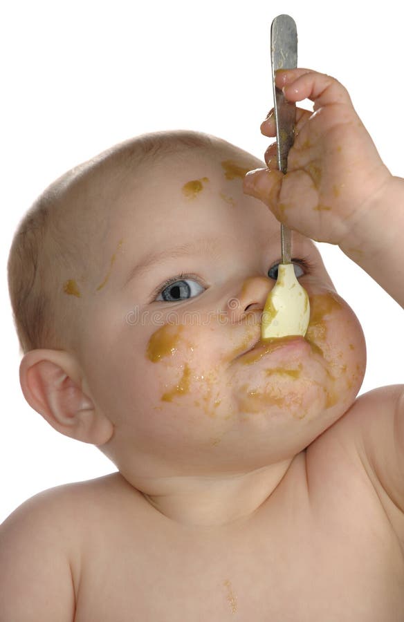 Messy Baby Wearing Bib after Eating Solid Food Stock Image - Image of ...