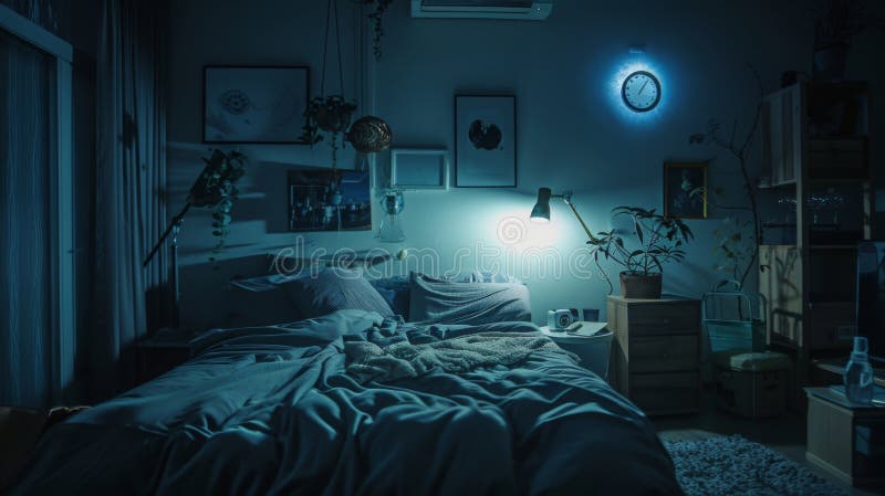 Messy Bed in Blue Lit Bedroom Stock Image - Image of nightstand, messy ...