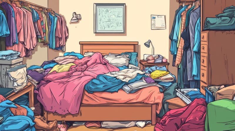 Messy Bedroom with Clothes Piled on the Bed and in the Closet, Creating ...