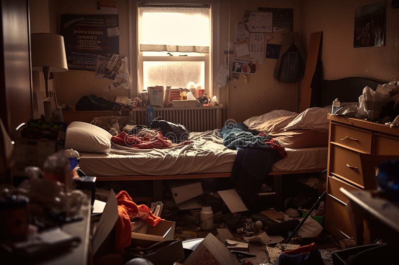 A Messy Bedroom with a Bed and a Laptop. AI Generative Image Stock ...