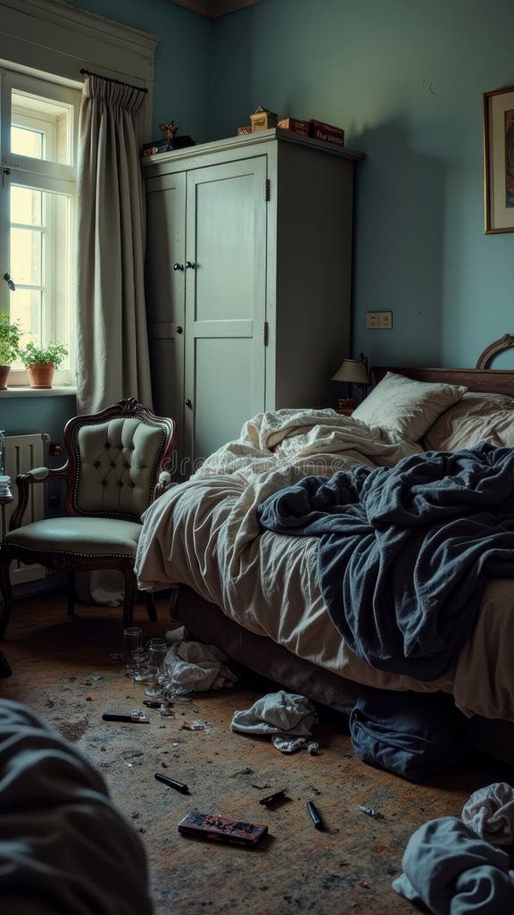 Messy Bedroom with Unmade Bed and Cluttered Floor in Natural Light ...