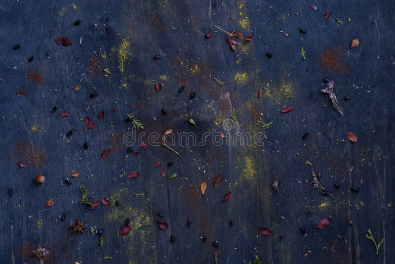 Messy Blue Wooden Texture Background Copy Space. Berries, Nuts, Spises ...