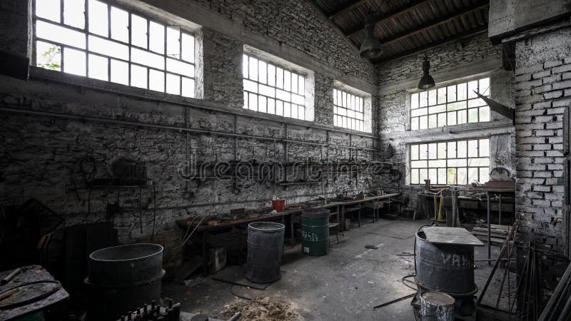 Messy Building with Metal Barrels and a Concrete Brick Wall Stock Image ...
