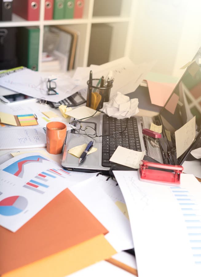 Messy and cluttered desk stock photo. Image of workplace - 95833962