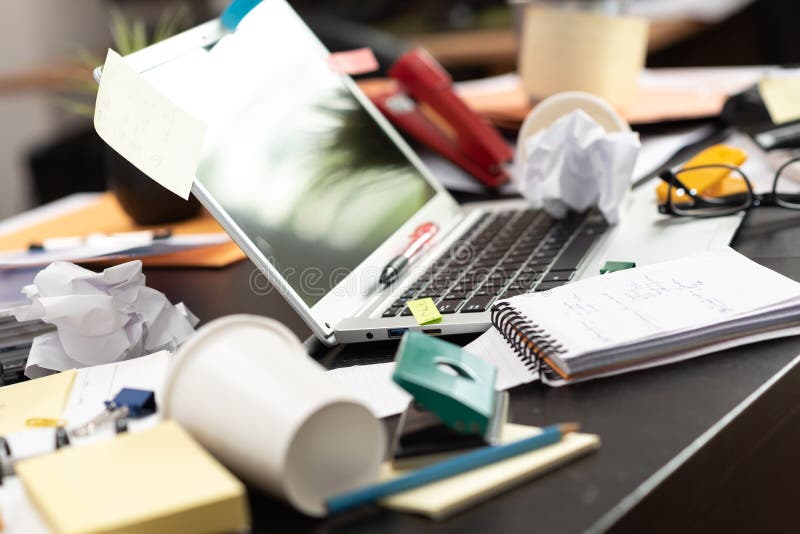 Messy and cluttered desk stock photo. Image of workplace - 202251946