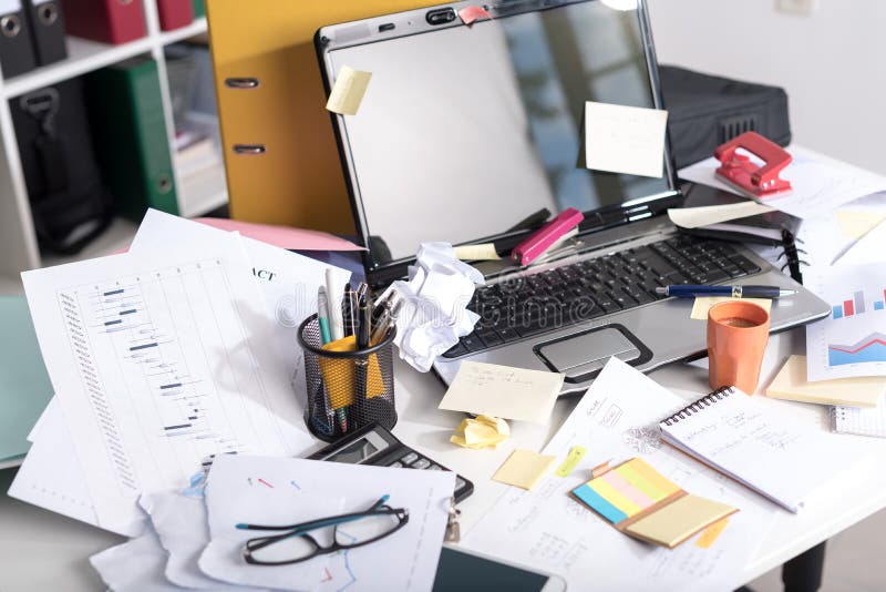 Messy and cluttered desk stock photo. Image of chaos - 97668256
