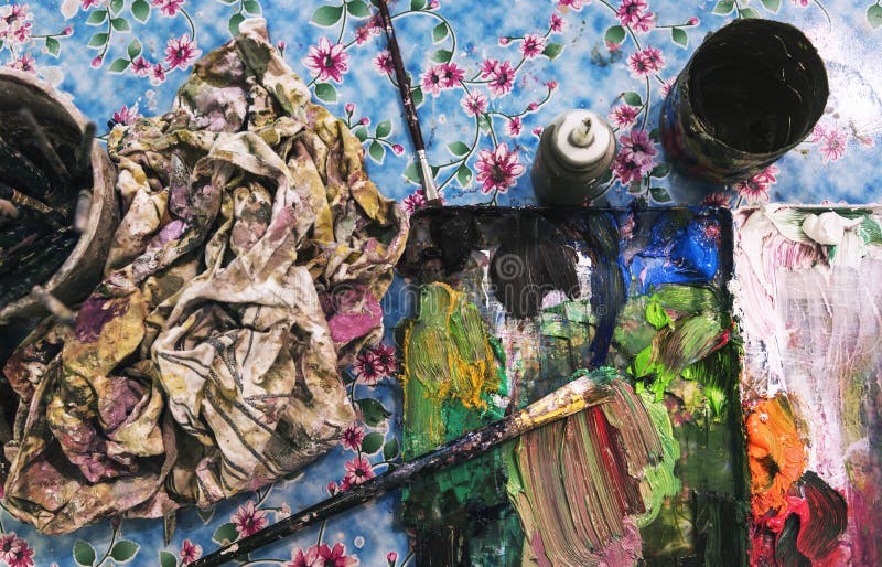 Messy Color Palette with Brushes Stock Photo - Image of drawing ...